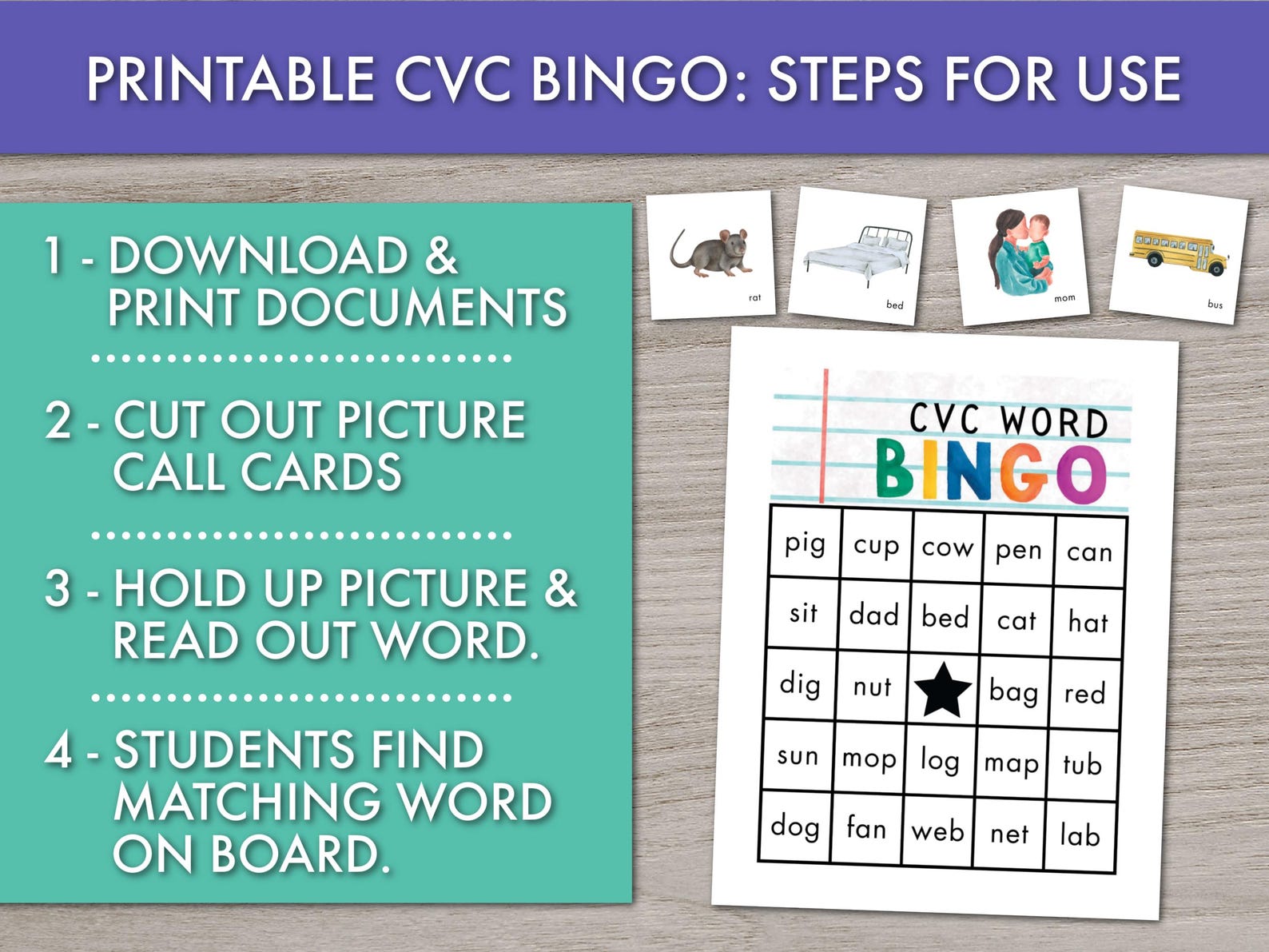CVC Words Bingo Game: Kids Phonics, 50 Watercolor Cards (digital ...