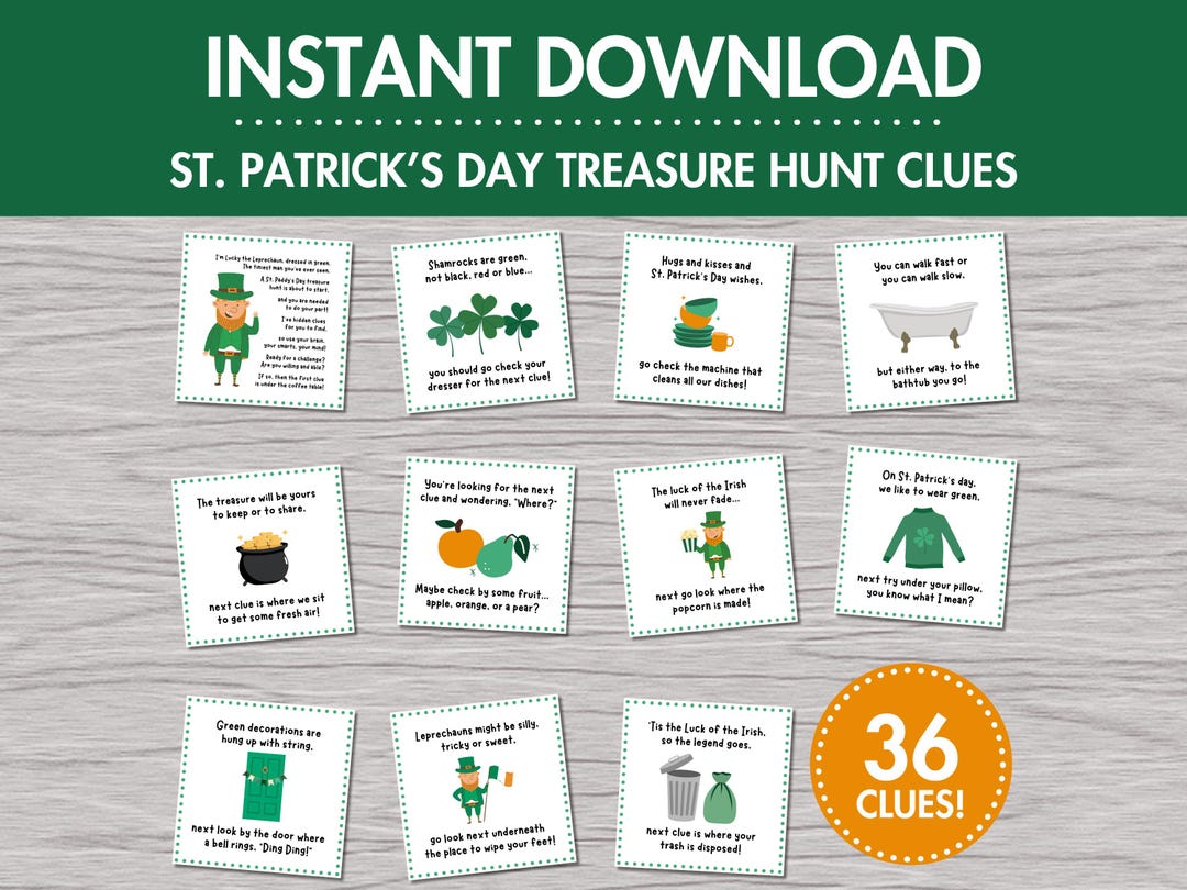 Leprechaun Treasure Hunt: 36 St. Patrick's Day Clues (instant Download ...