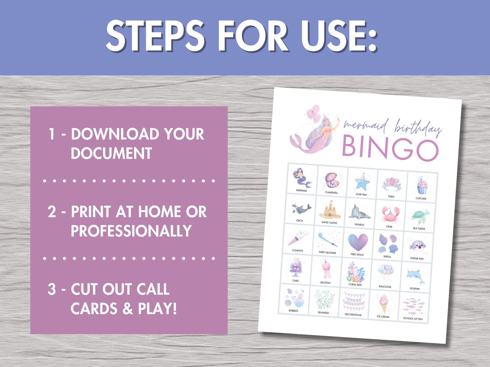 Printable Mermaid Bingo Game: Kids Birthday Party Activity (PDF ...