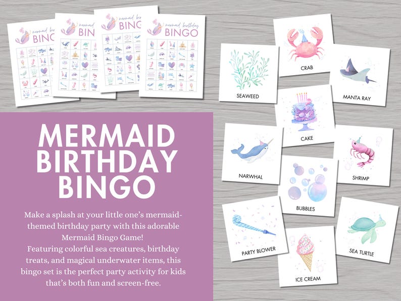 Printable Mermaid BINGO | Printable Kids Party Game, Cute Mermaid ...