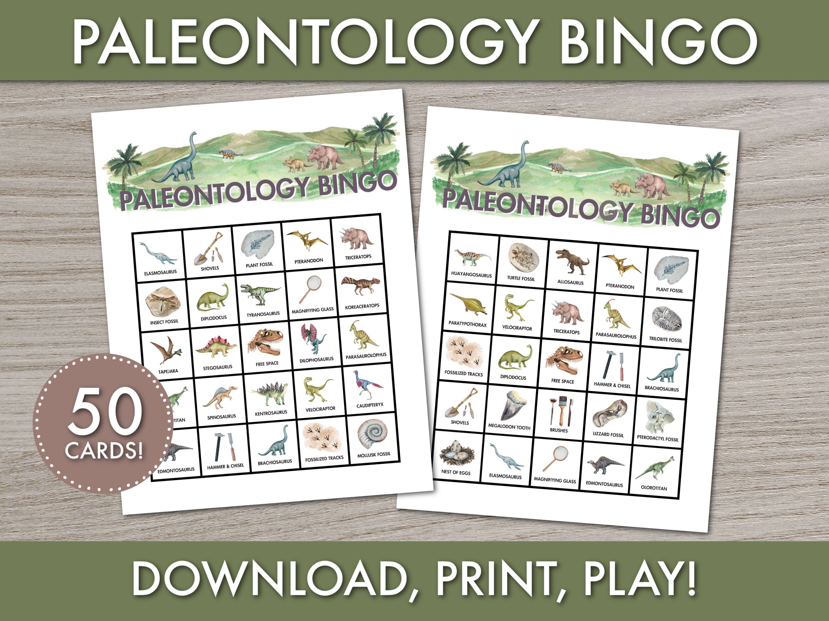 Printable Paleontology Bingo | Kids Party Game: Dinosaurs, Fossils ...