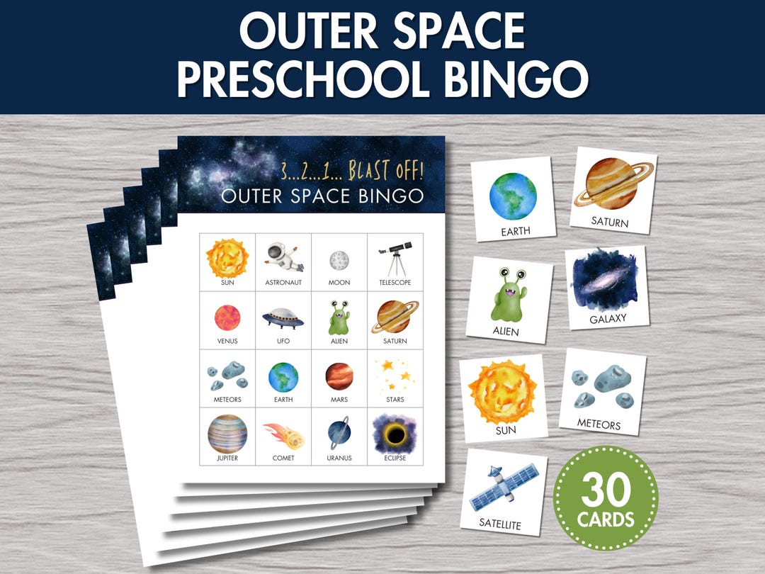 Printable Outer Space Preschool Bingo | Astronaut Kids Party Game ...