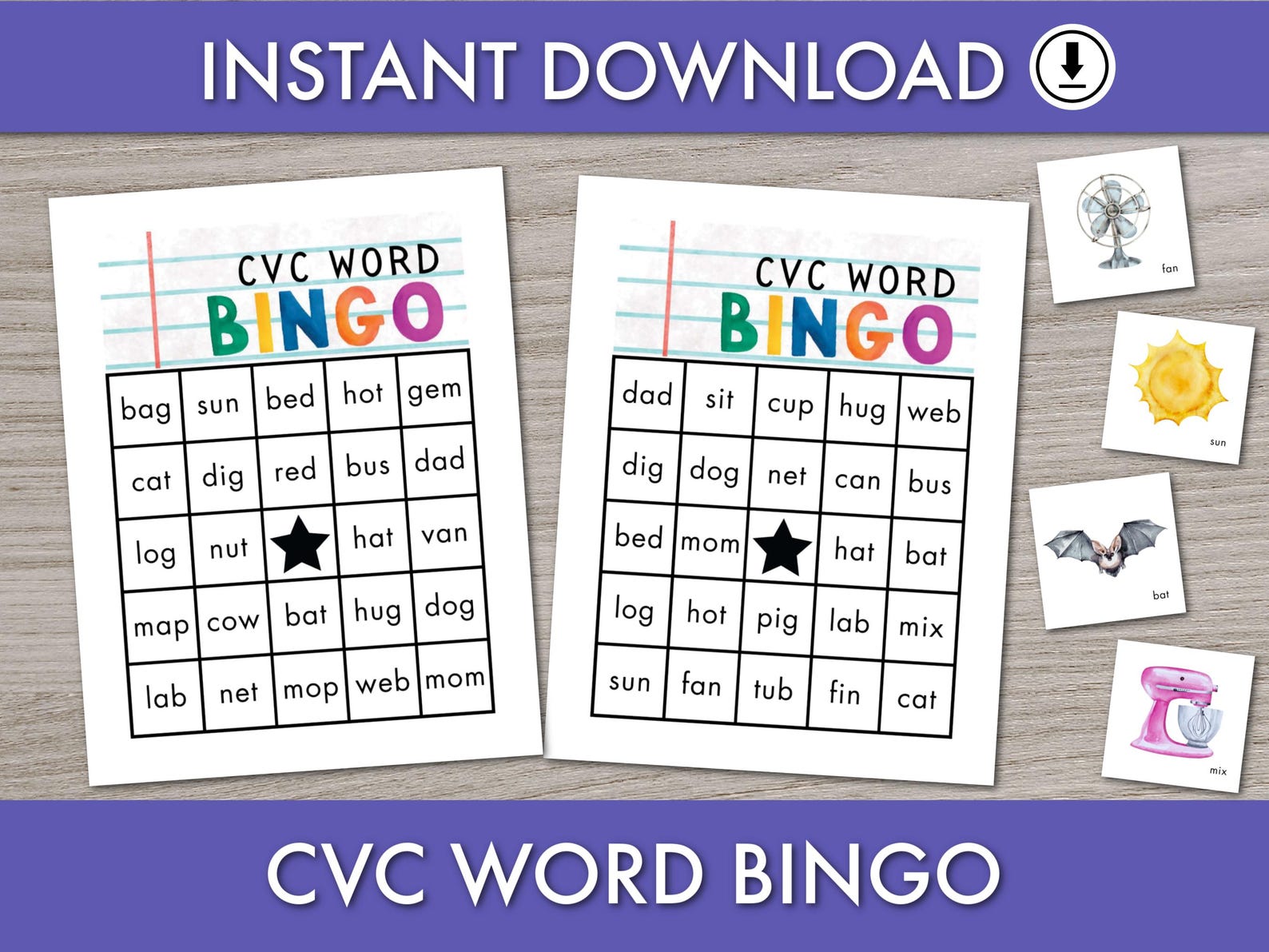 CVC Words Bingo Game: Kids Phonics, 50 Watercolor Cards (digital ...