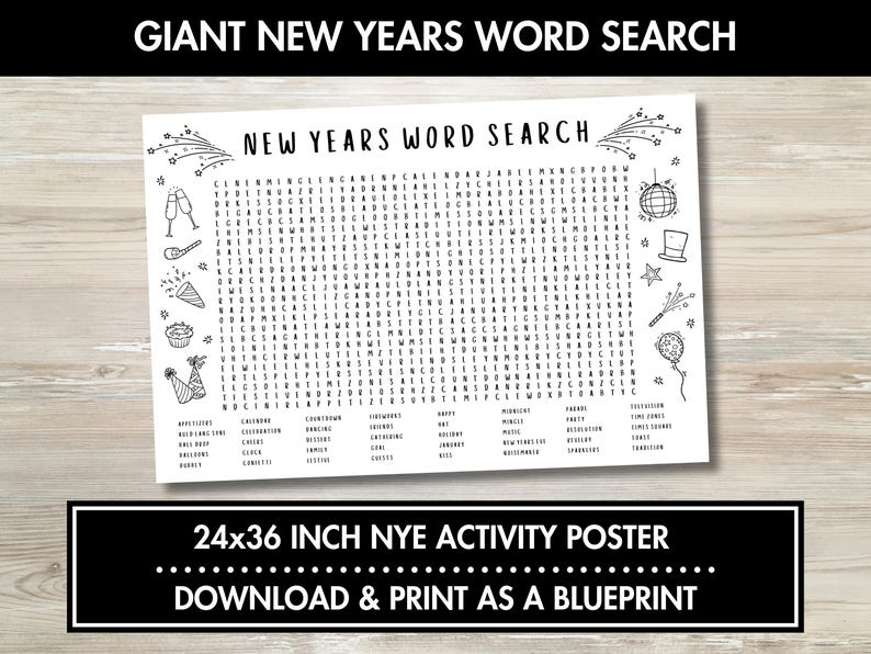 Printable Giant Word Search Poster New Years Family Activity, 24x36in ...