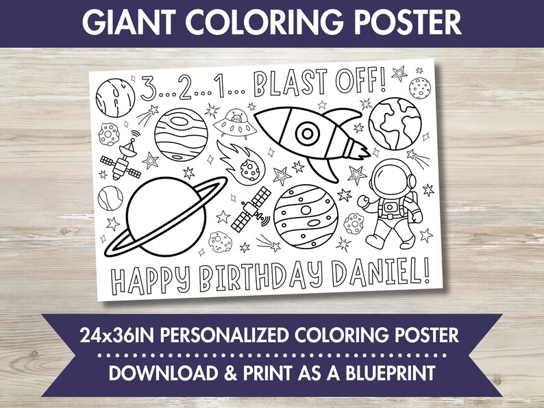 Customizable Outer Space Birthday Coloring Poster (24x36in) (digital ...