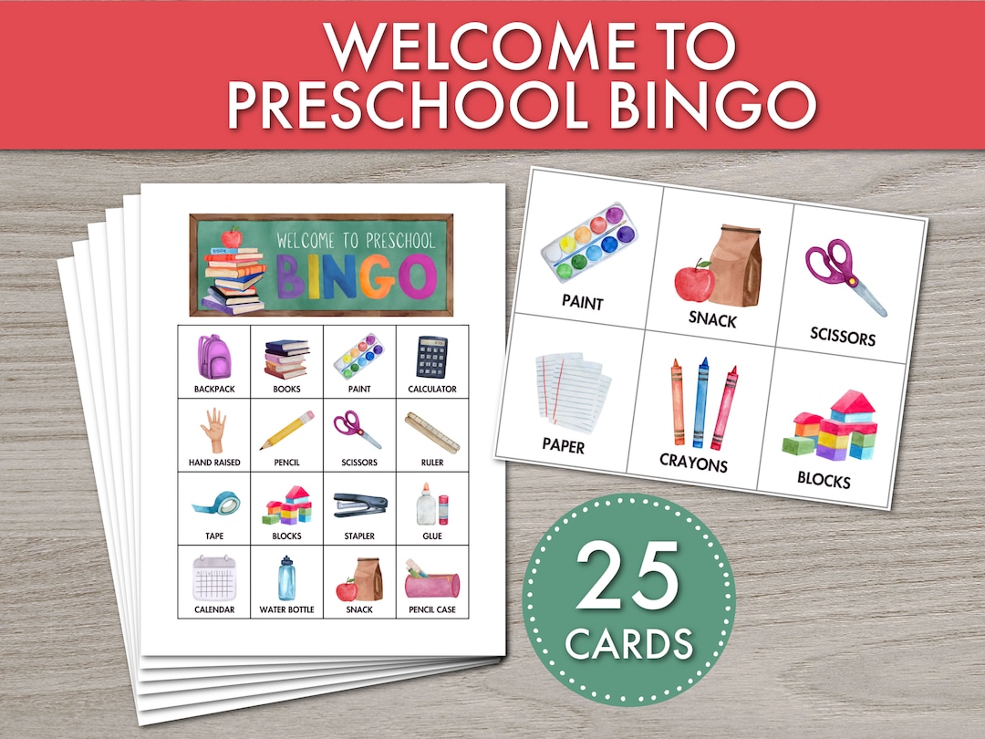 Imprimible Bienvenidos al preescolar Bingo / Juego con temática escolar ...