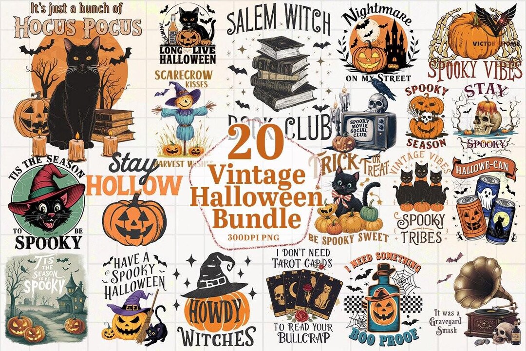 Vintage Halloween Clipart PNG Bundle - Etsy
