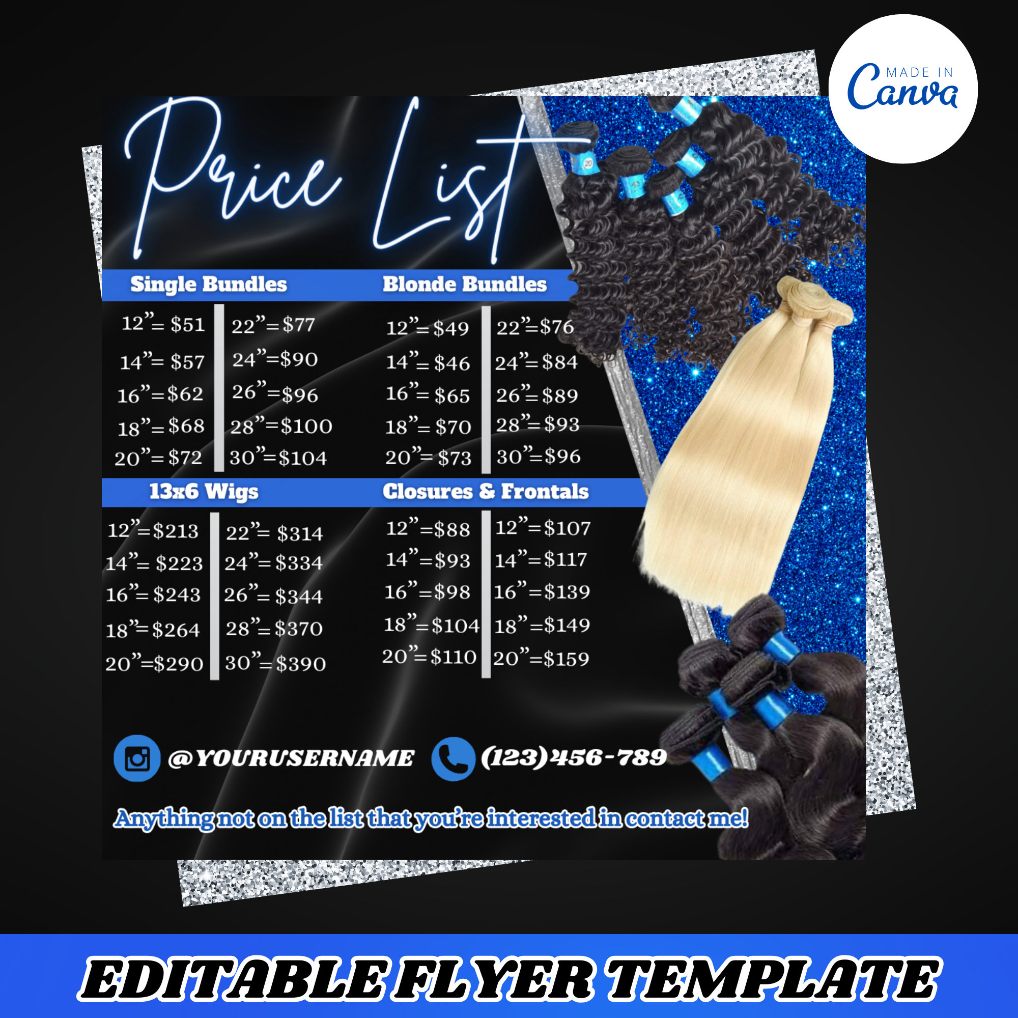 Hair Price List Flyer: Hair Bundle Deals, Extensions Pricing Flyer, Wig Price List Template ...