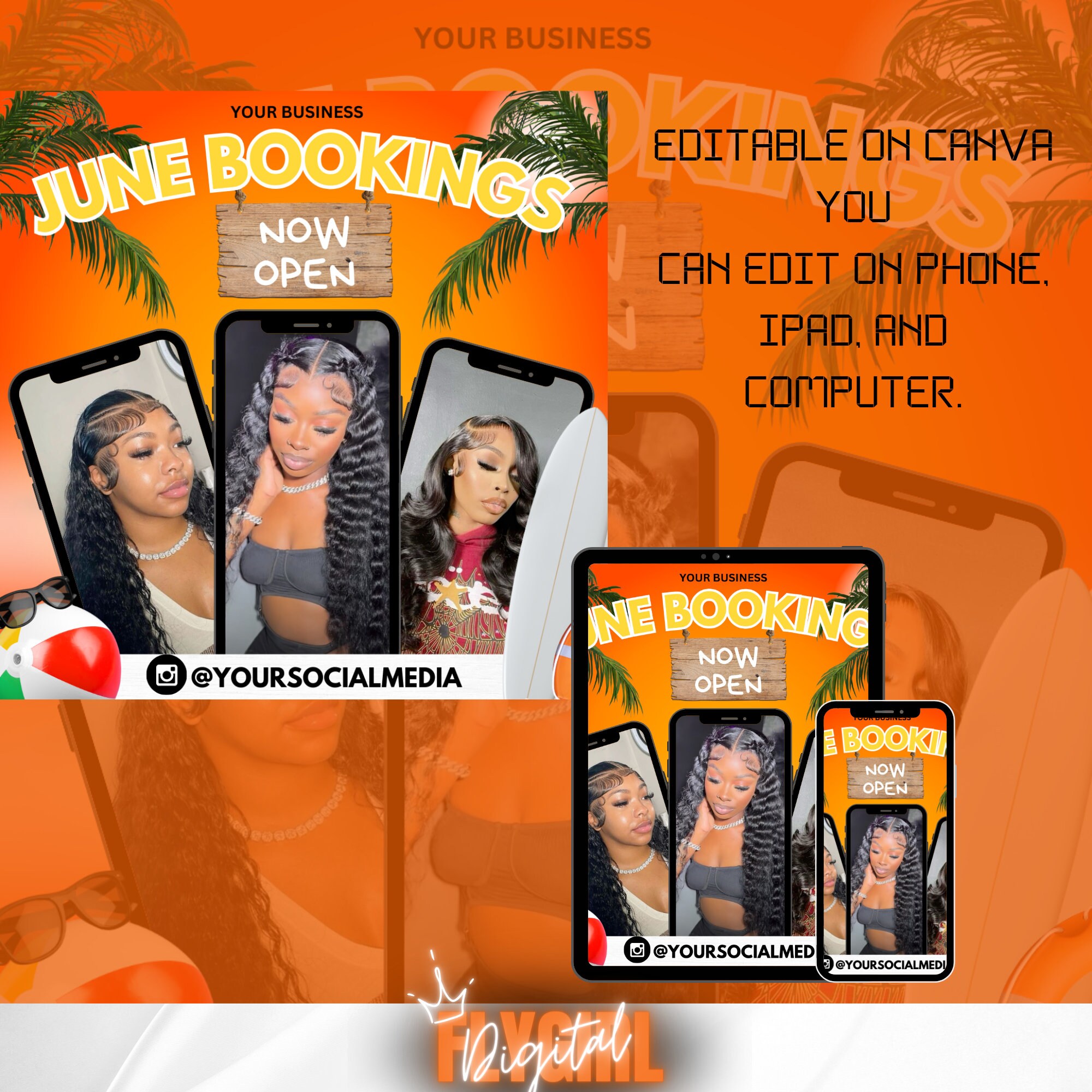 June Booking Flyer, Summer Booking Flyer, Braids, Lashes, Hair, Nails ...