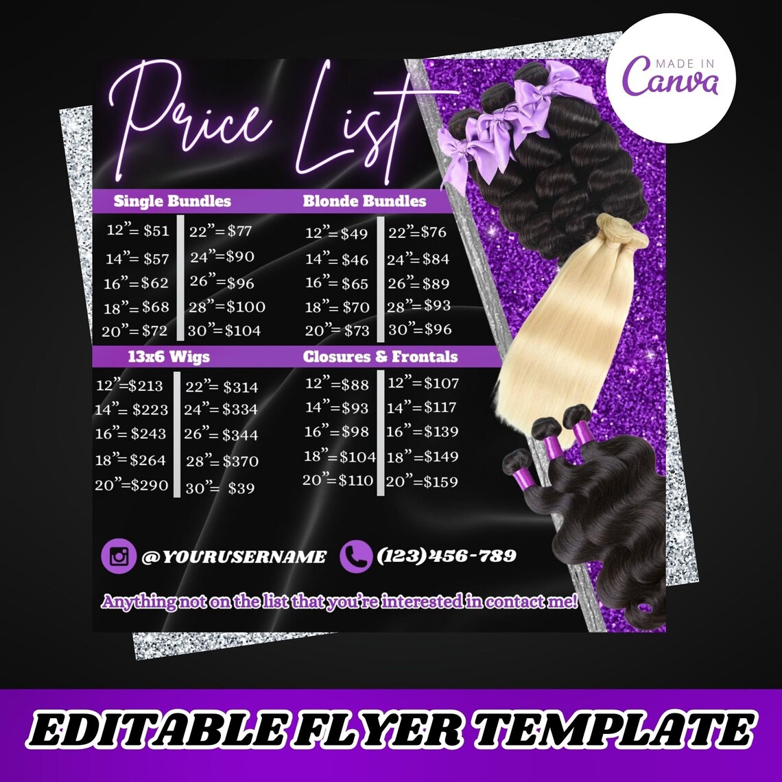 Hair Price List Flyer: Hair Bundle Deals, Extensions Pricing Flyer, Wig ...