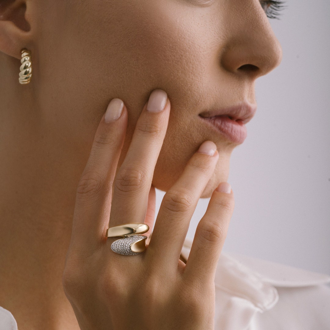 Solid Gold Moonlight Big Hug Bypass Ring, Gift for Her Mom, Minimalist ...