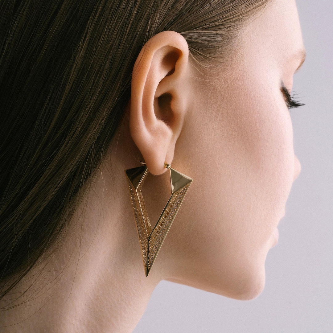 Brutalist Earrings – 14K Gold Geometric Triangle V Shaped Jewelry ...