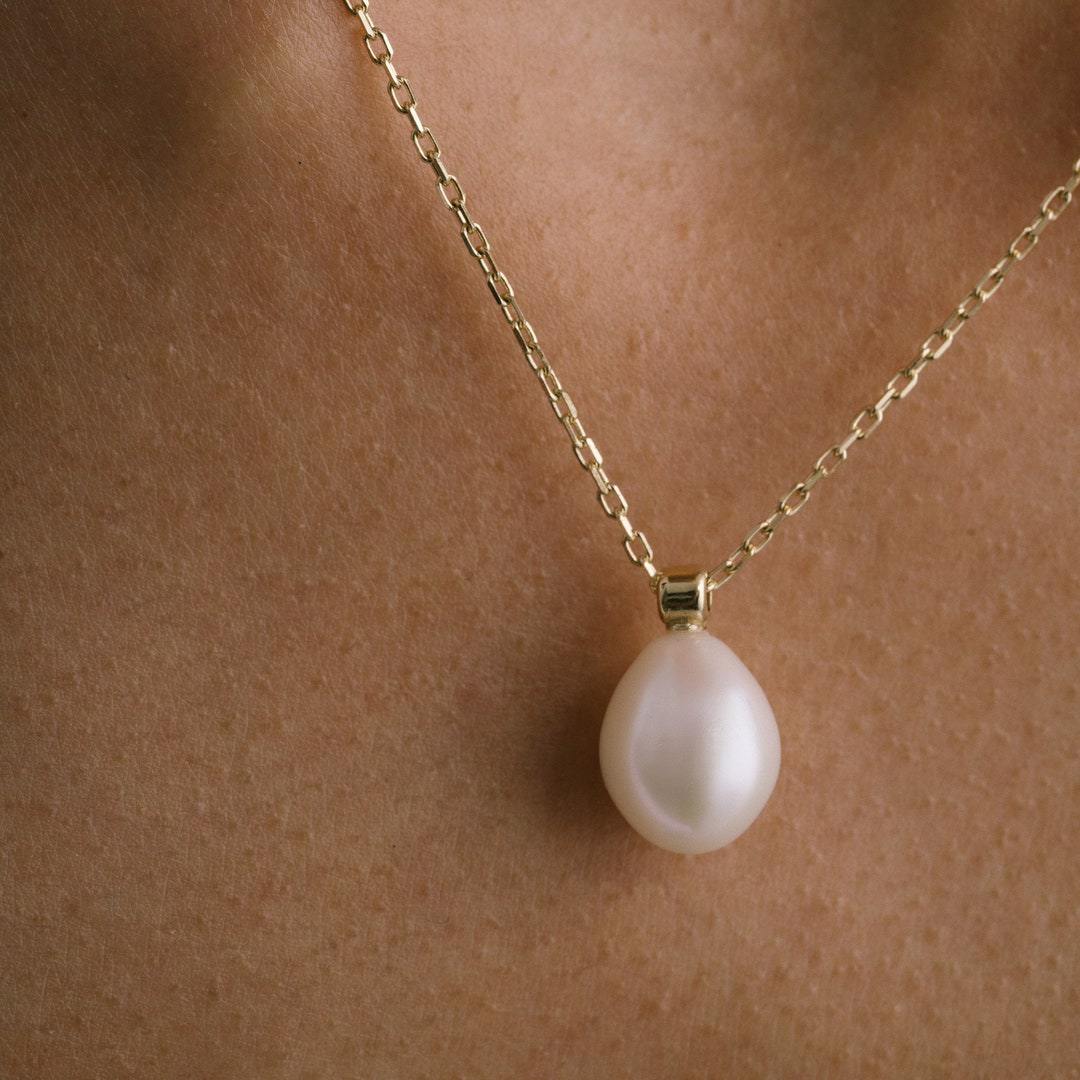 14K Solid Gold Freshwater Pearl Pendant Necklace, Handmade Fine Jewelry ...