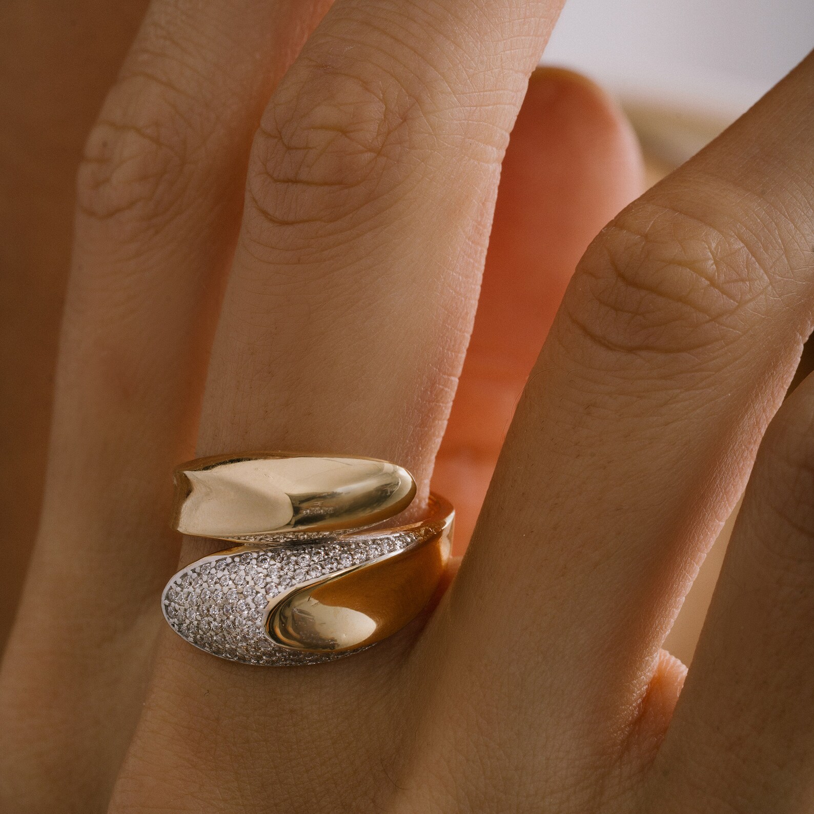 Solid Gold Moonlight Big Hug Bypass Ring, Gift for Her Mom, Minimalist ...