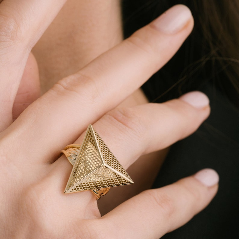 Solid Gold Pyramid Triangle Statement Ring, Fine Handmade Gold Jewelry, 14K Ancient Egypt Chunky ...