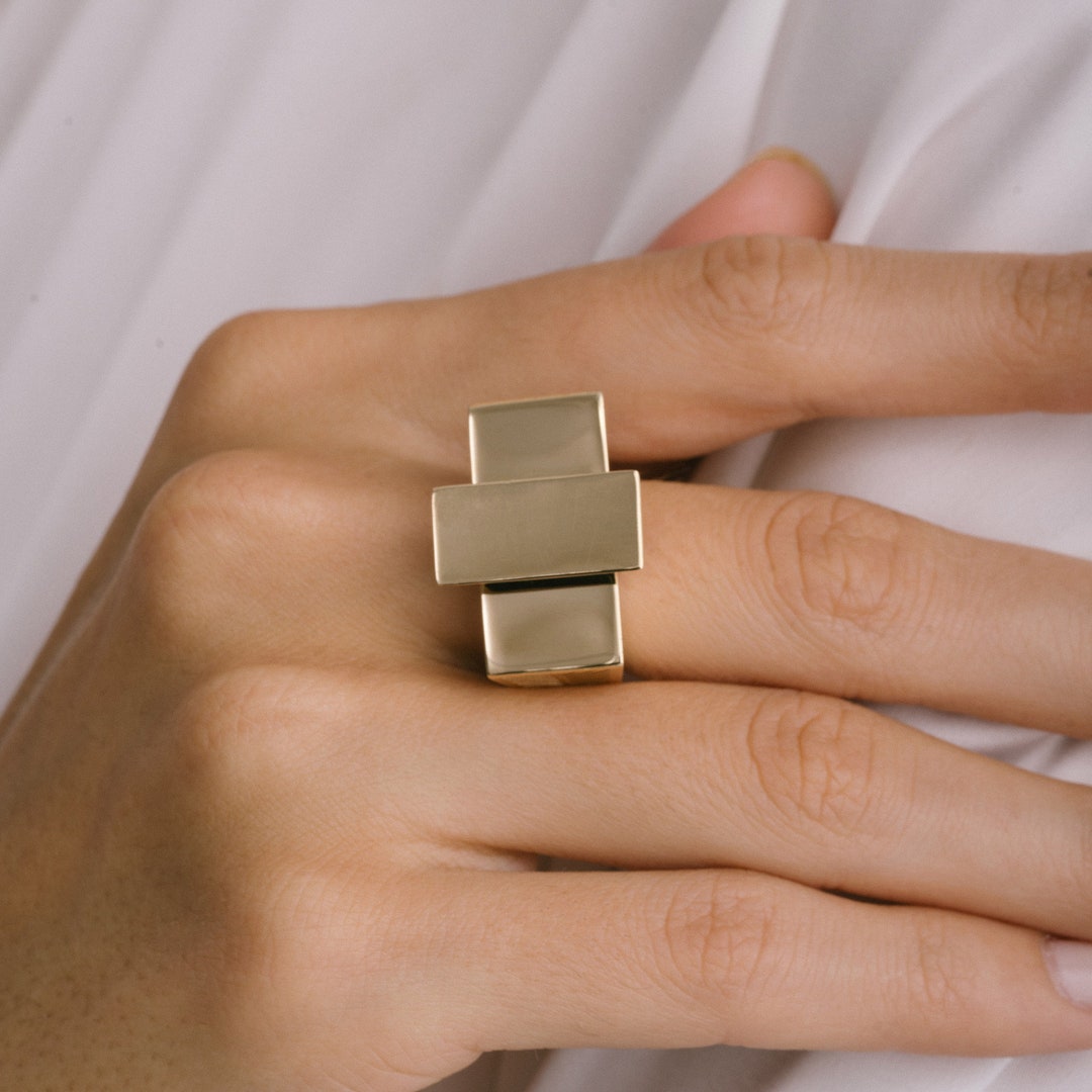 Flat Block Signet Statement Ring, Fine Handmade Maximalist Jewelry, 14K ...