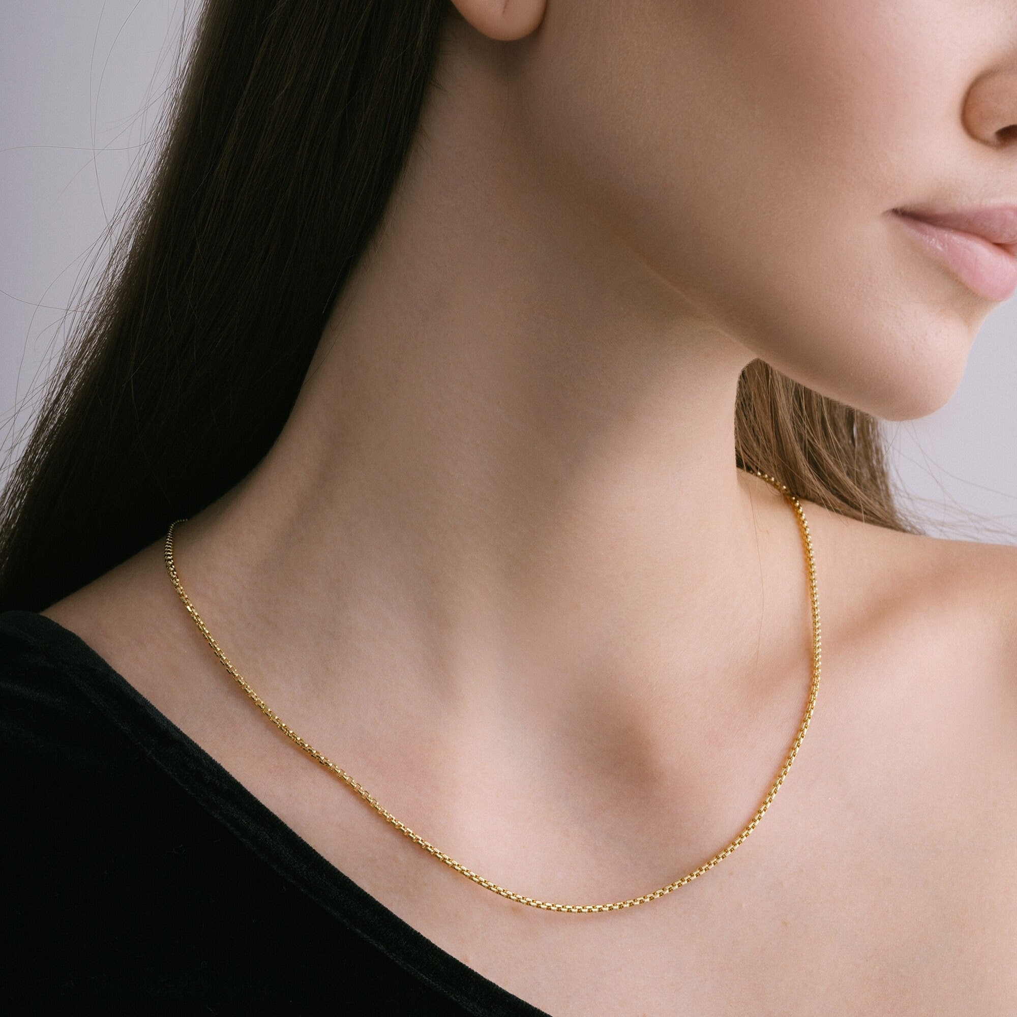 Solid Gold Thin Round Box Link Chain Necklace, Fine Handmade Gold ...