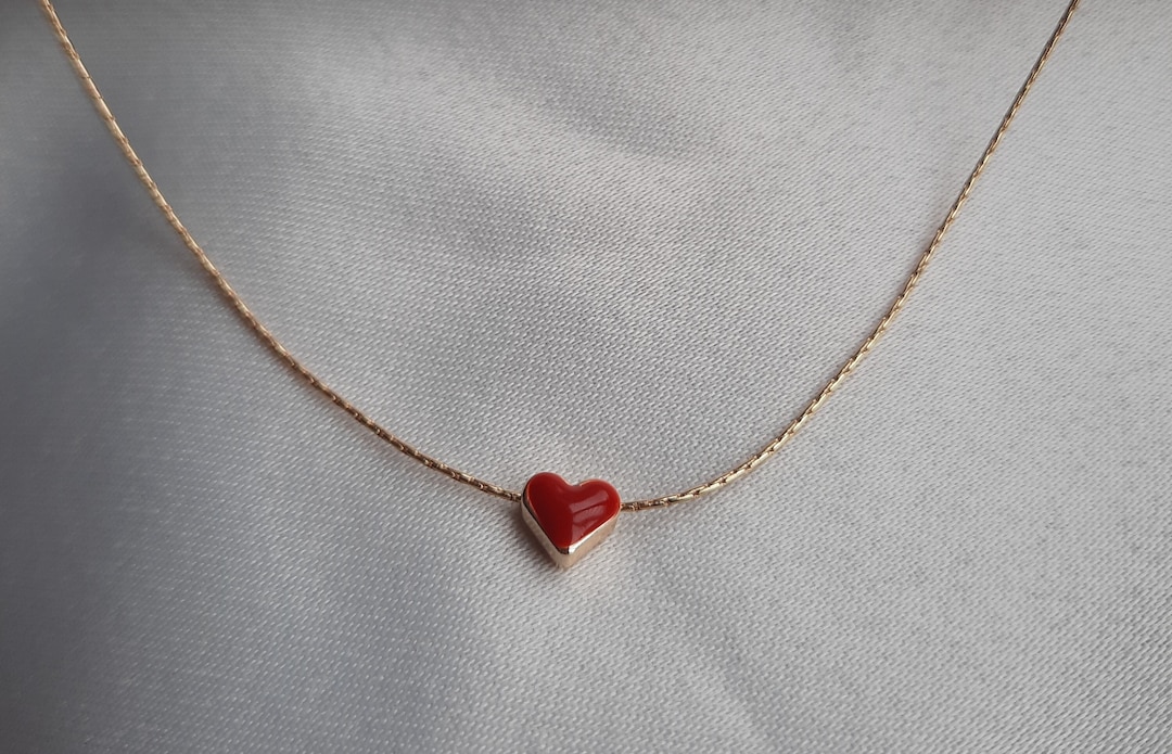 Minimalist Red Heart Necklace, Heart Choker Necklace, Tiny Red Heart ...