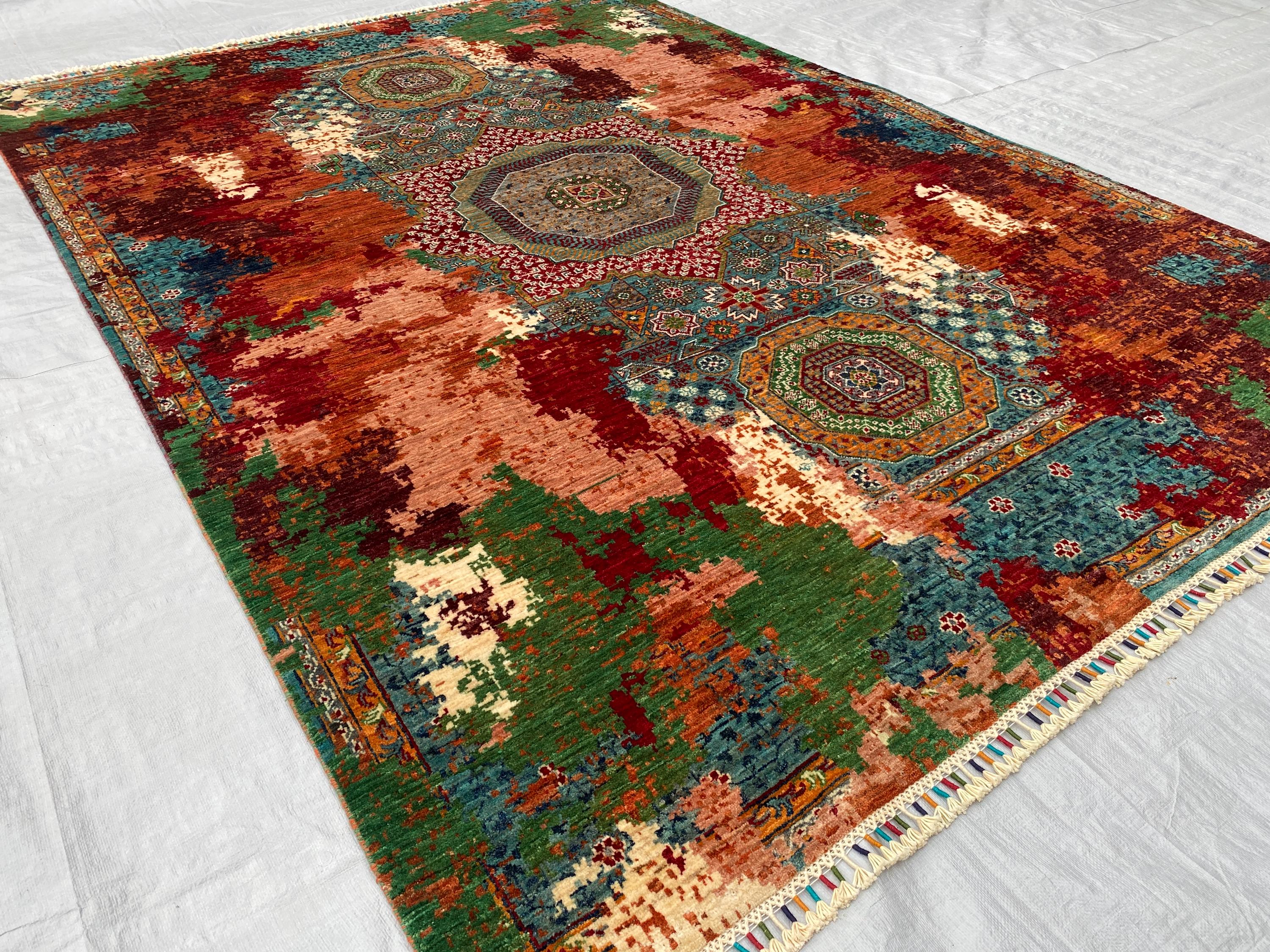 6x8ft Modern Mamluk Turkish Area Rug - Turquoise Blue Red Hand Knotted ...