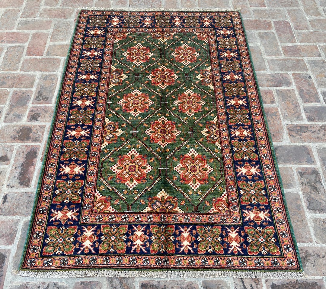 6x4 Green & Blue Ersari Oriental Area Rug - Afghan Hand Knotted Veg ...
