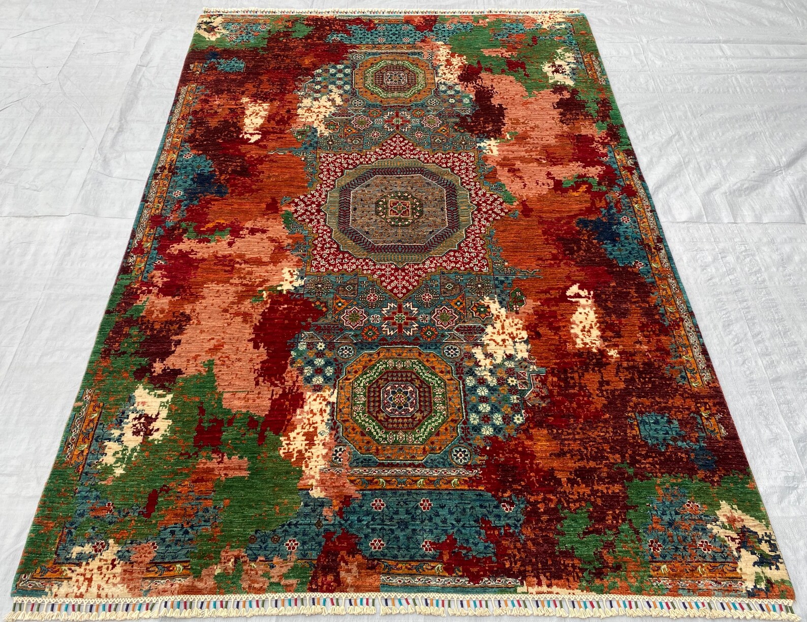 6x8ft Modern Mamluk Turkish Area Rug - Turquoise Blue Red Hand Knotted ...
