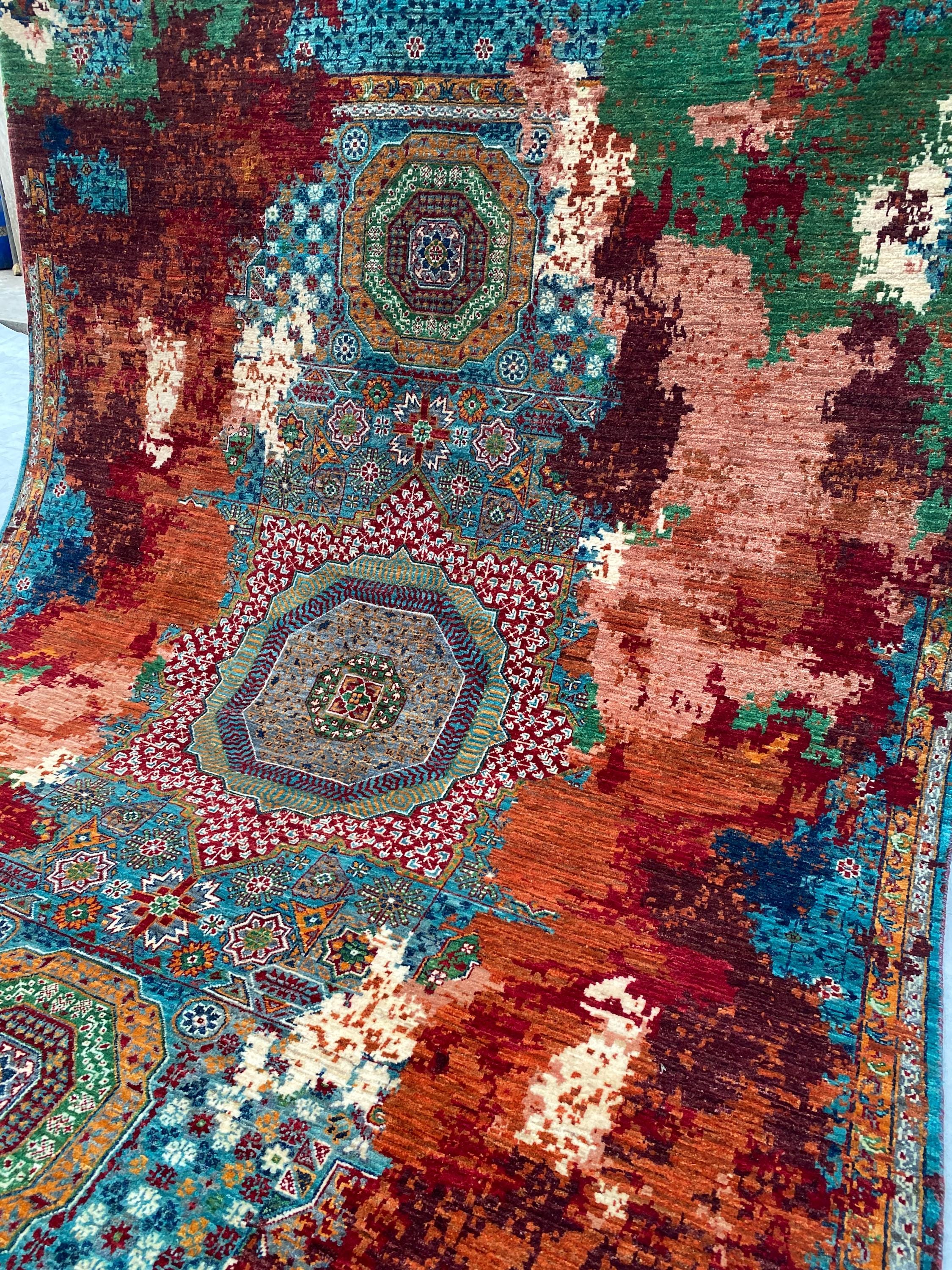 6x8ft Modern Mamluk Turkish Area Rug Turquoise Blue Red Hand Knotted ...