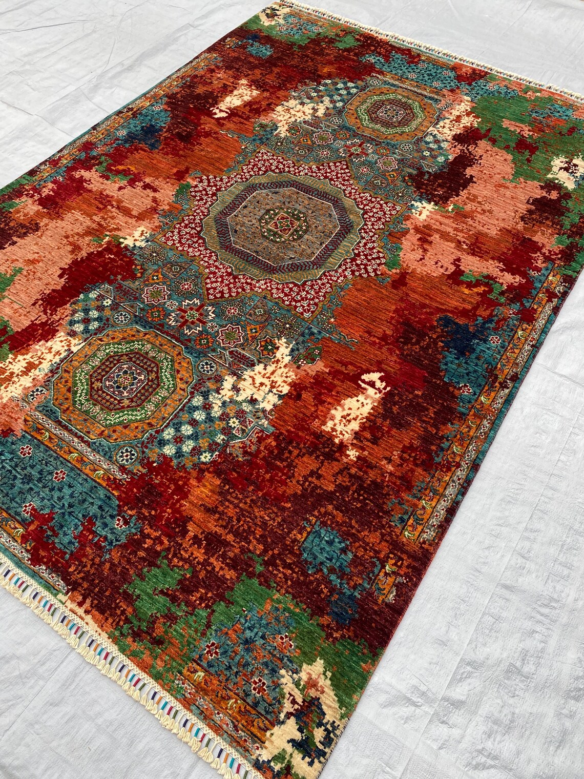 6x8ft Modern Mamluk Turkish Area Rug Turquoise Blue Red Hand Knotted ...