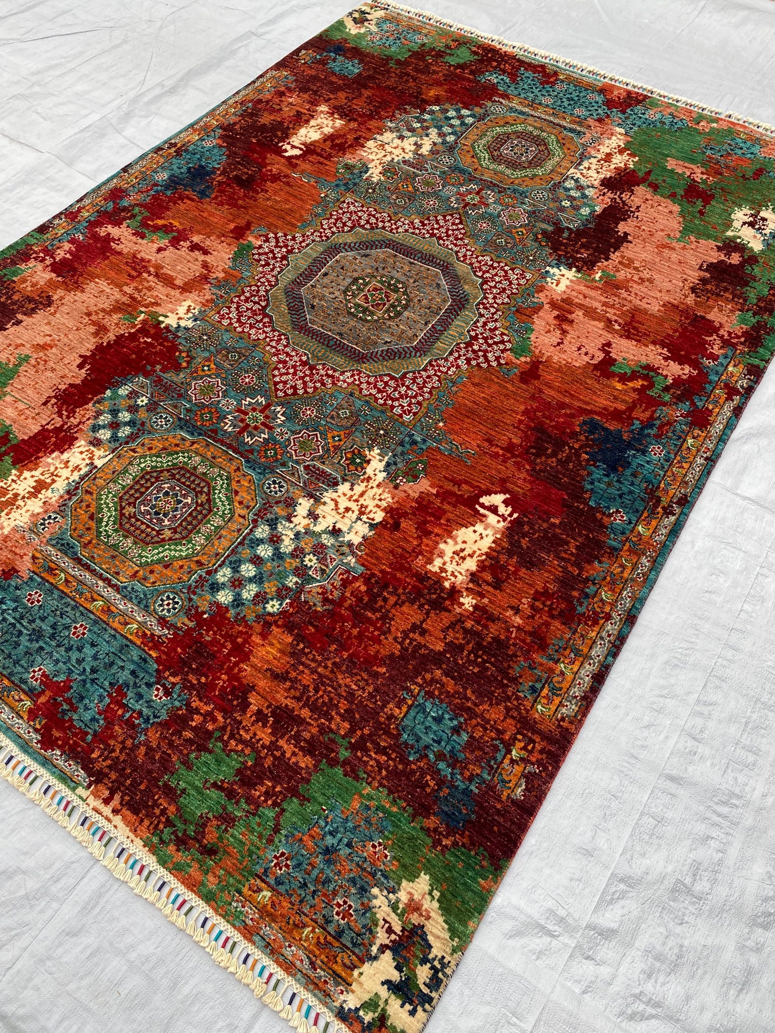 6x8ft Modern Mamluk Turkish Area Rug Turquoise Blue Red Hand Knotted ...