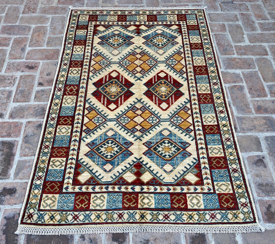 6x4 White & Blue Ersari Oriental Area Rug - Afghan Hand Knotted Veg ...