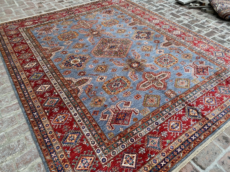 8'17x10 Ft Stunning Turquoise Afghan Kazak Area Rug Afghan Hand Knotted ...