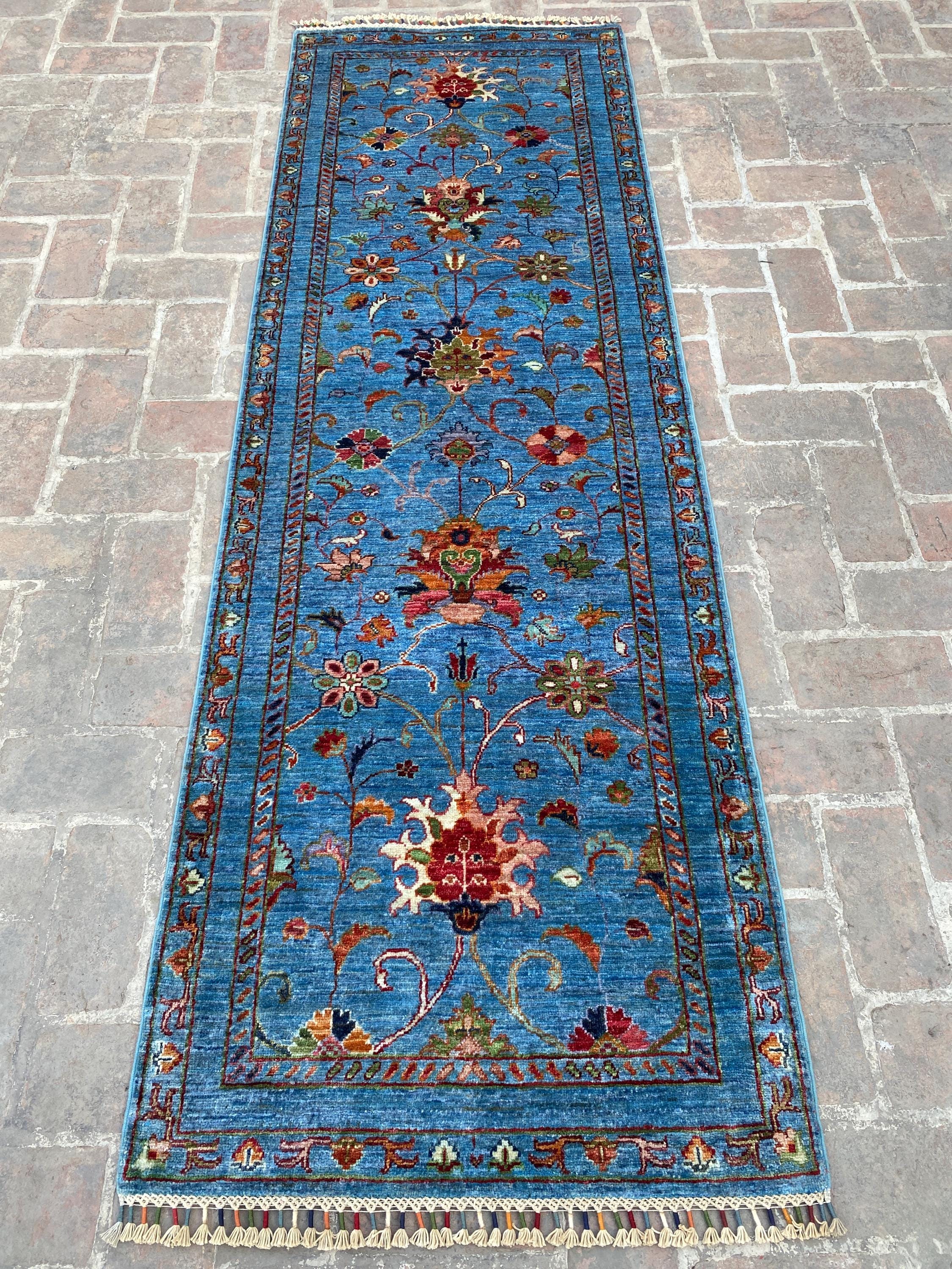 3x8 Ft Blue Sultani Runner Rug - Handknotted Afghan Natural Wool Rug ...