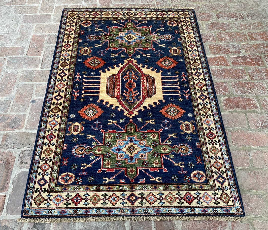 6x4 Blue & Beige Ersari Oriental Area Rug Afghan Hand Knotted Veg Dyes ...