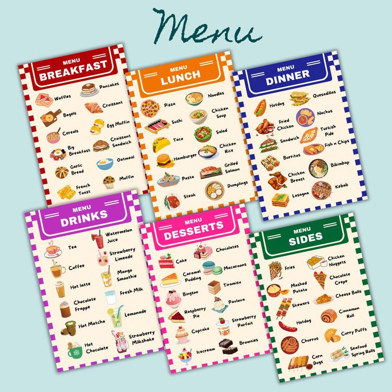 Printable Pretend Play Restaurant Menus | Kids Play Menus | Kitchen ...