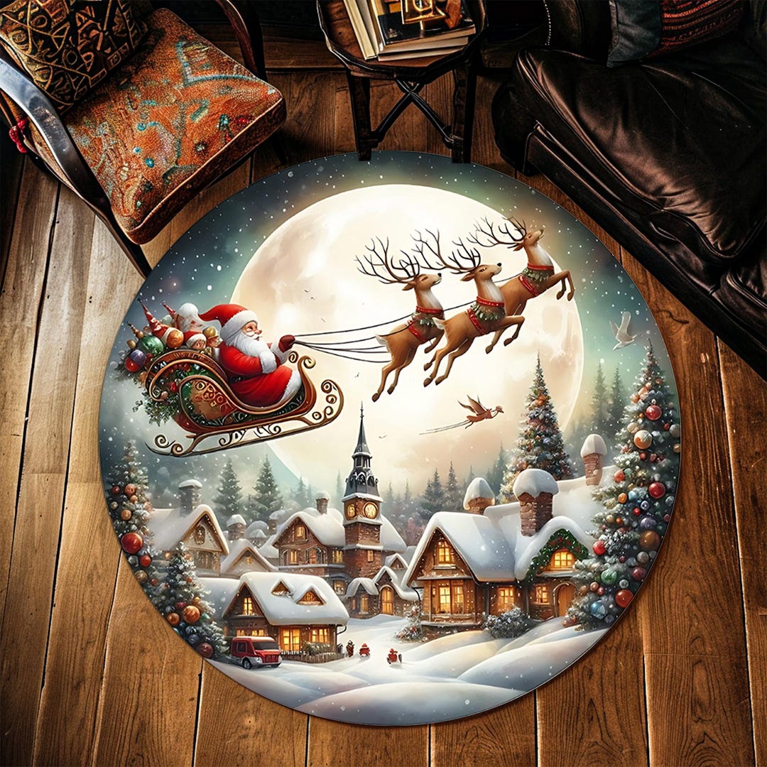 Santa Claus and Reindeer Rug, Vintage Christmas Round Rug, Unique ...