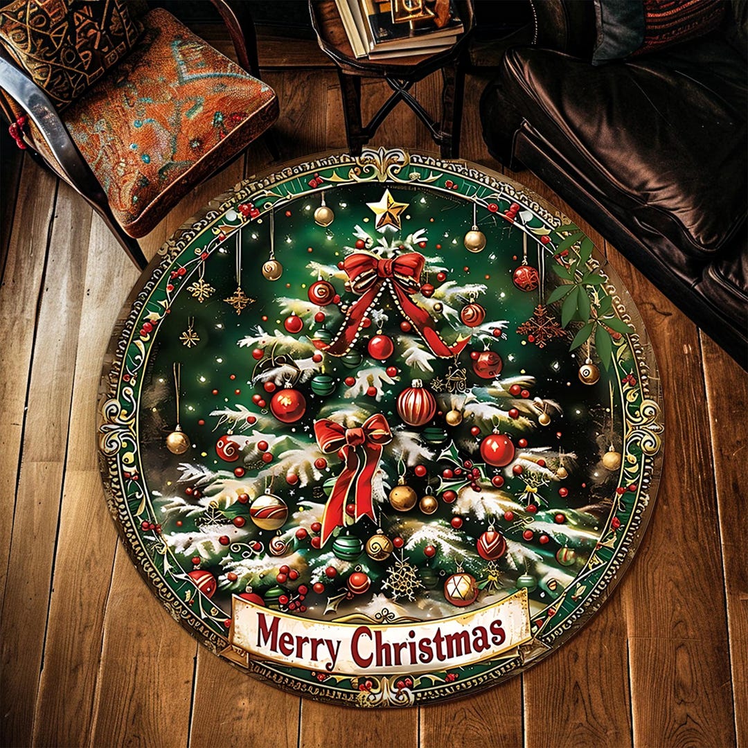 Merry Christmas Round Rug, Christmas Tree Carpet, Living Room Rug ...