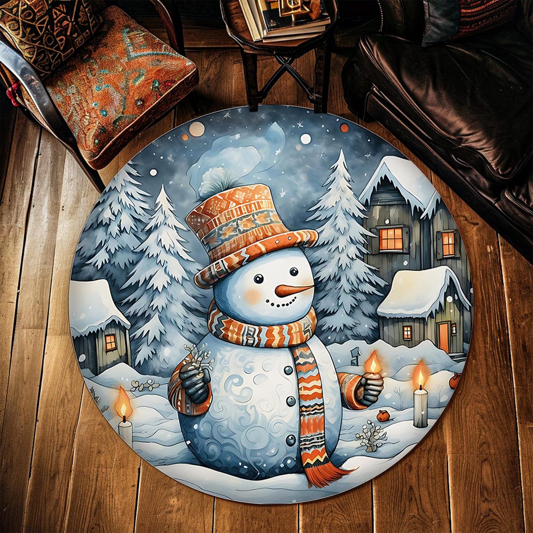 Snowman Round Rug, Winter Themed Rug, Washable Carpet, Living Room Rug ...