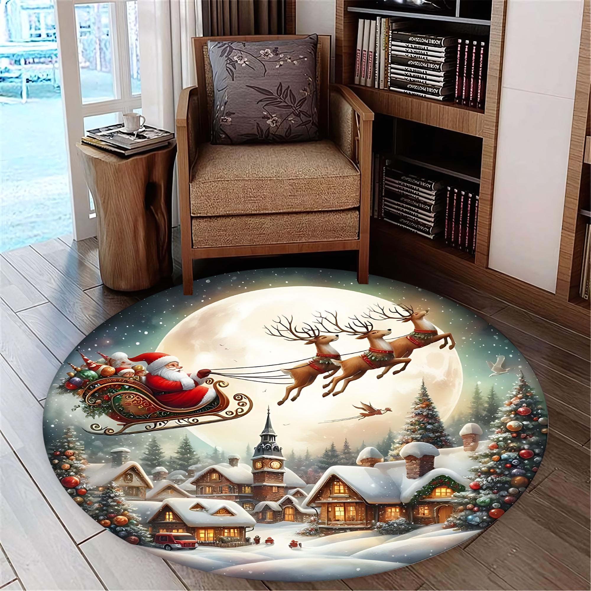 Santa Claus and Reindeer Rug, Vintage Christmas Round Rug, Unique ...