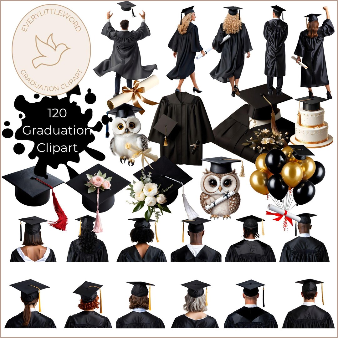 Graduation Clipart Bundle, Graduation PNG, Black Cap and Gown Clipart ...