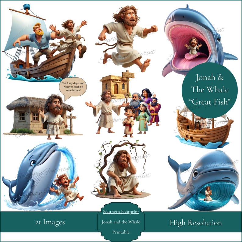 Jonah and the Whale Children's Clipart Bundle, Digital Download, Bible ...