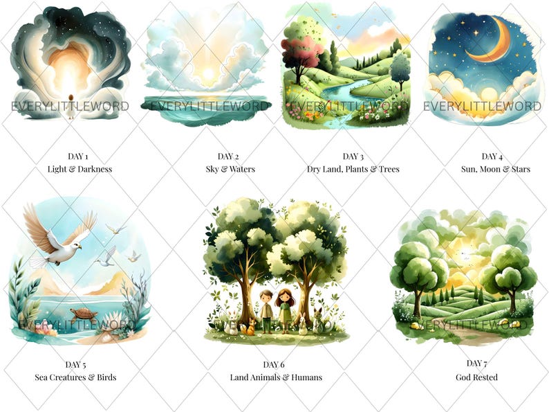 7 Days of Creation Clipart, Genesis Bible Story for Kids, Old Testament ...