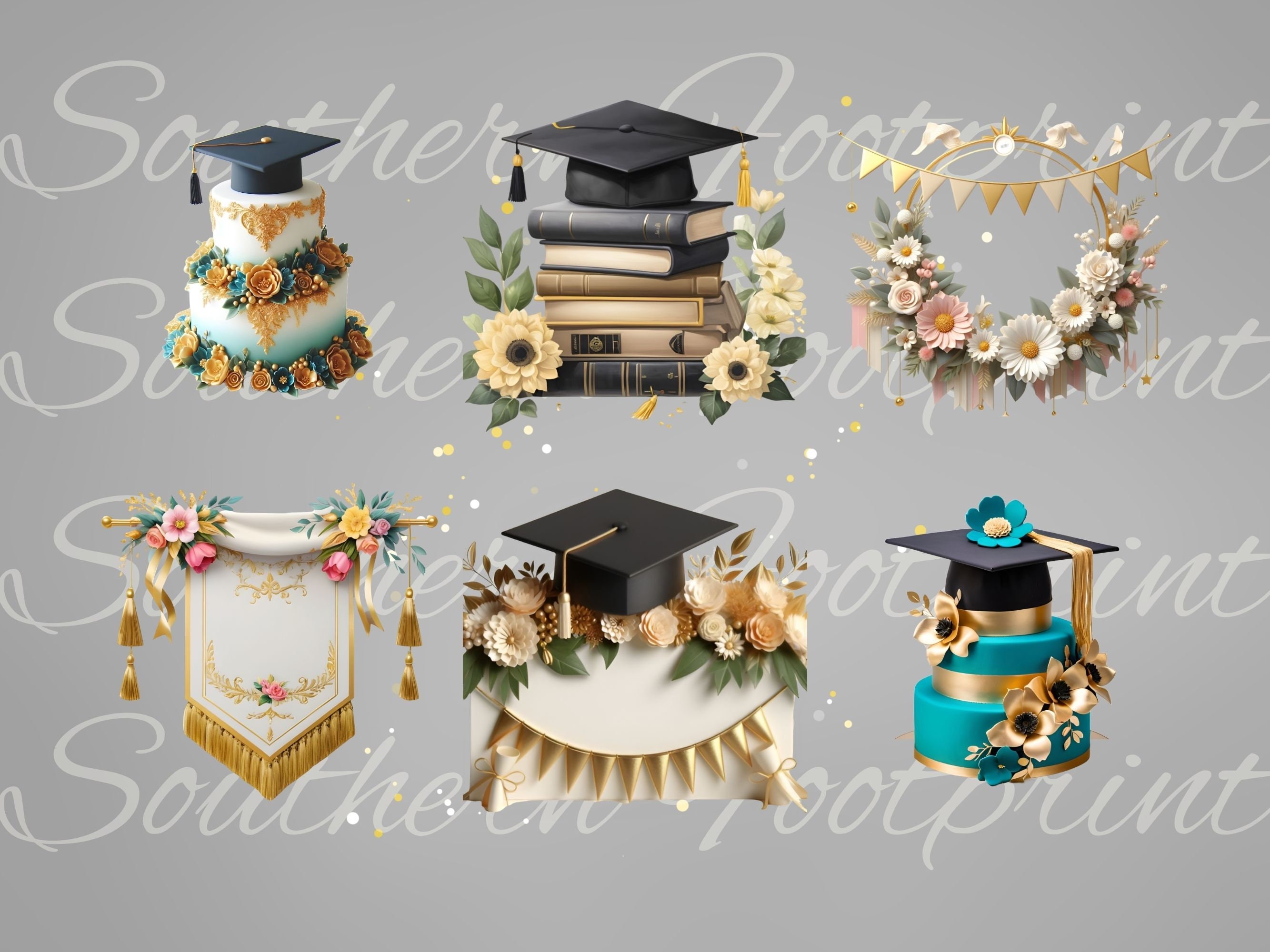 Watercolor Graduation Collection Clipart, 34 PNG Graduation Floral ...