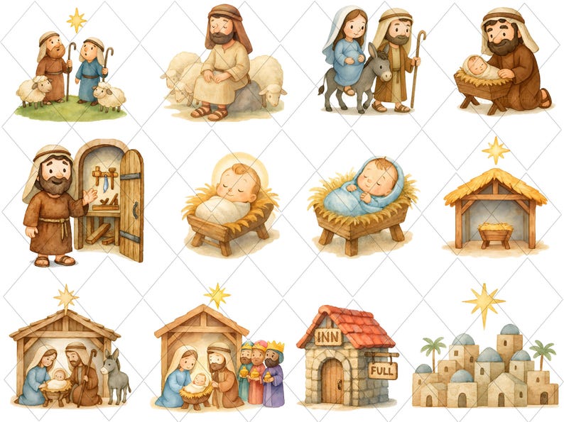 Birth of Jesus Clipart Bundle, Nativity Clip Art, Bible Characters PNG ...