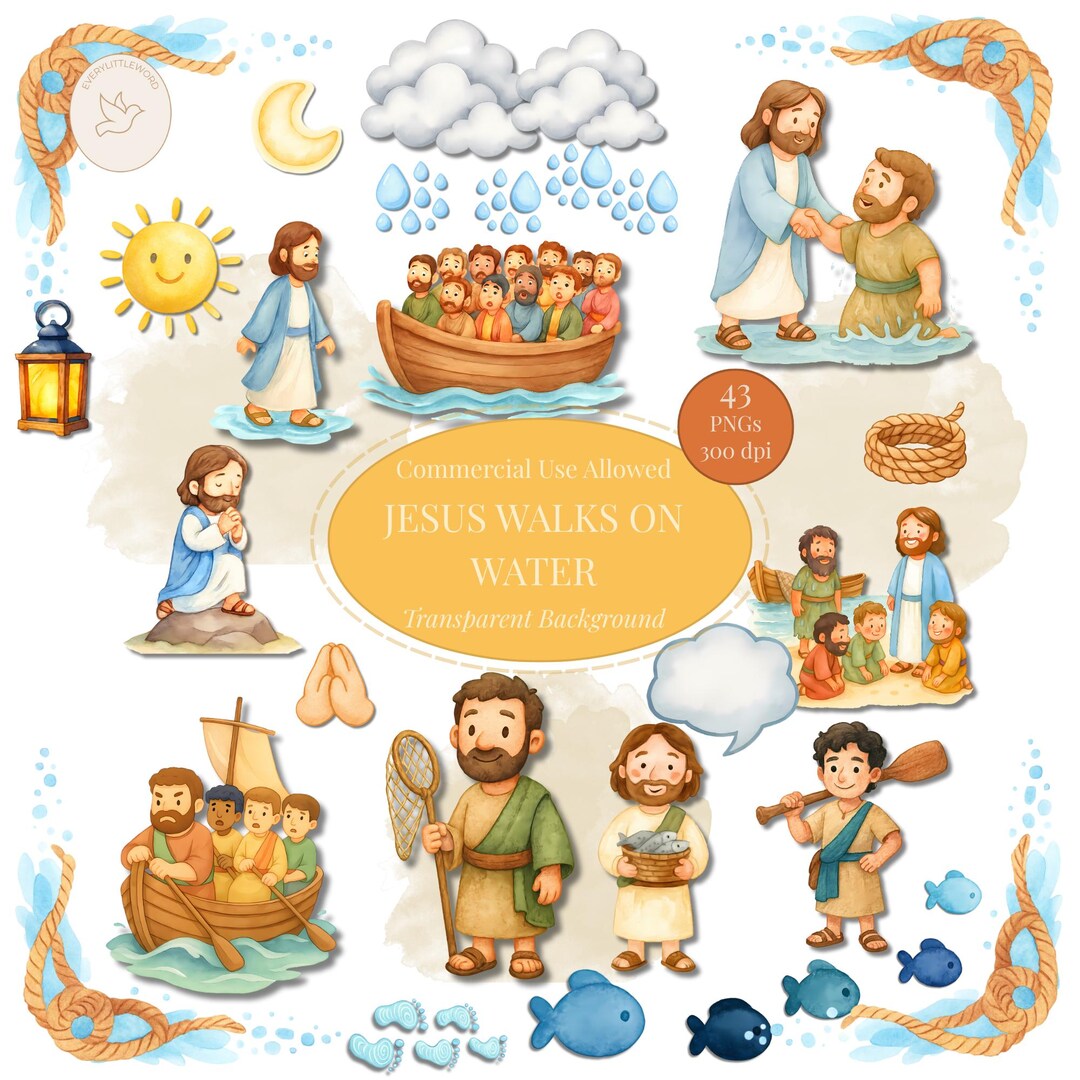 Jesus Walks on Water Clipart: Watercolor Bible Story Clipart, New ...