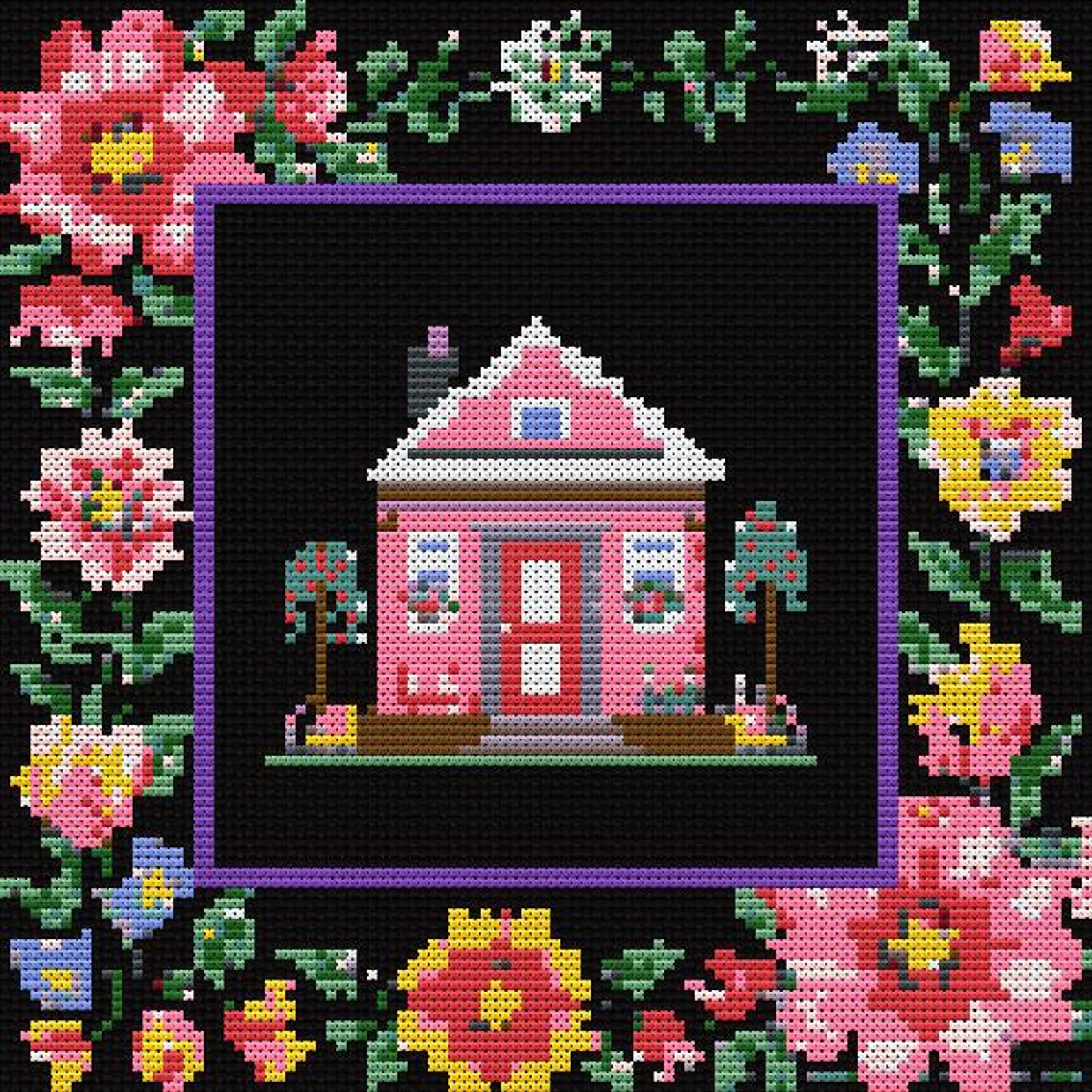 My Happy Place Cross Stitch Pattern Flower Border and Simple Cottage ...