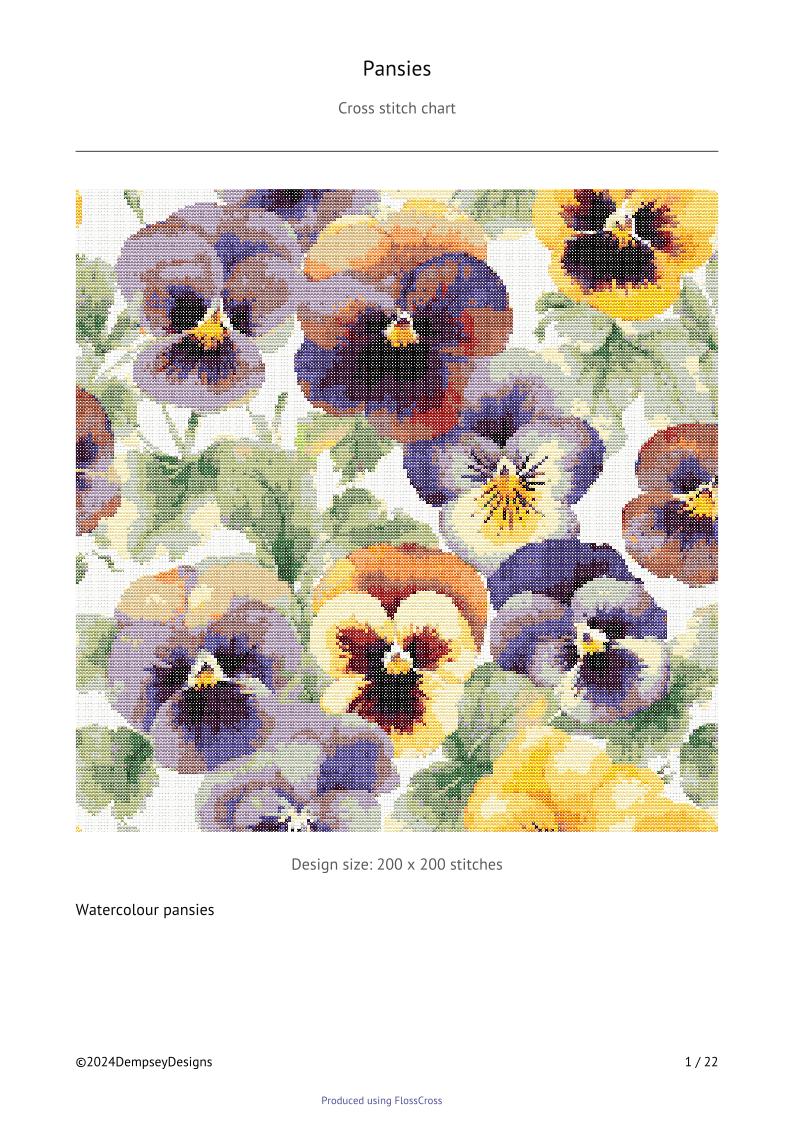 Water Colour Pansy Cross Stitch Charts. 2 PDF Files One for Pattern ...