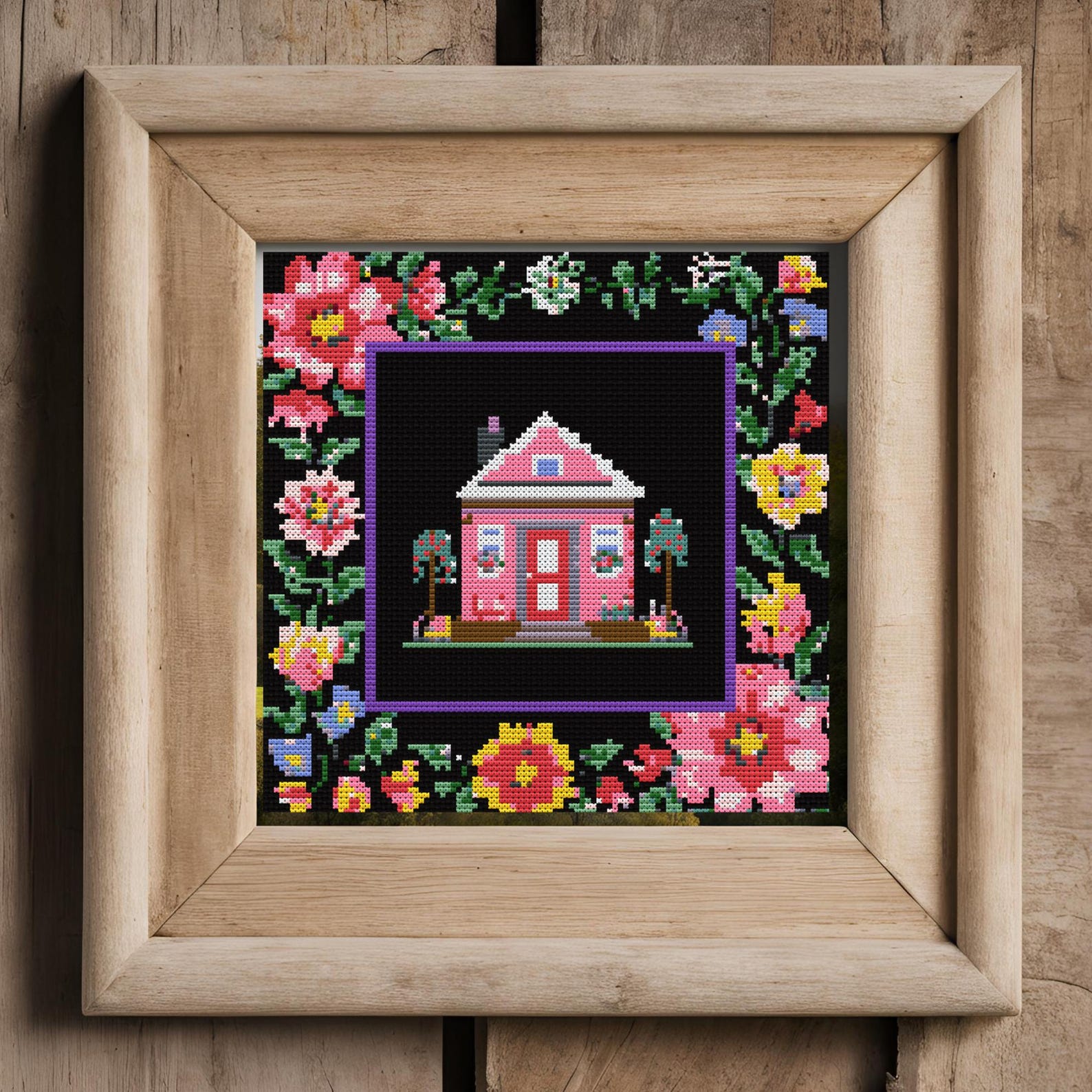 My Happy Place Cross Stitch Pattern Flower Border and Simple Cottage ...