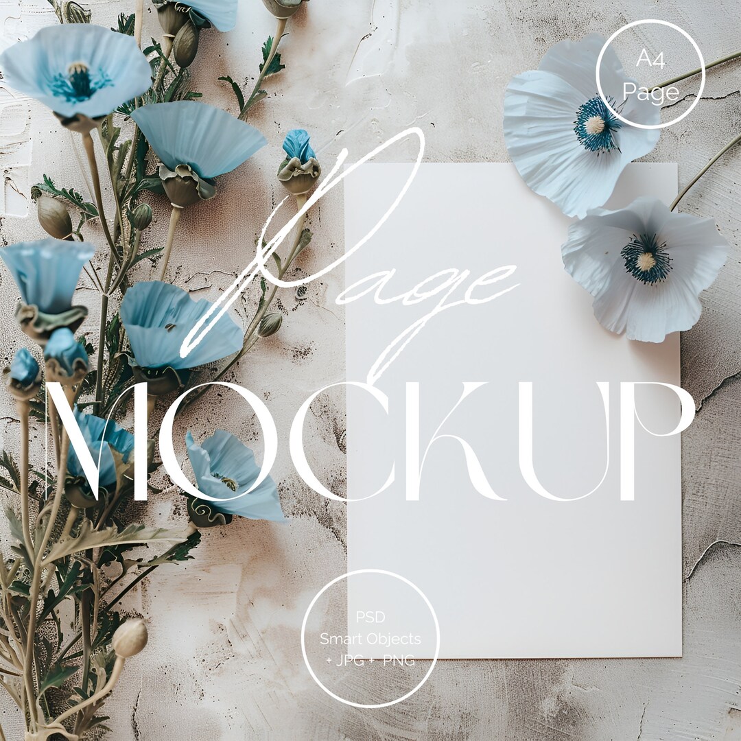 Dusty Blue Poppy Flat Lay Mockup | PSD Smart Objects Mockup | A4 Flat ...