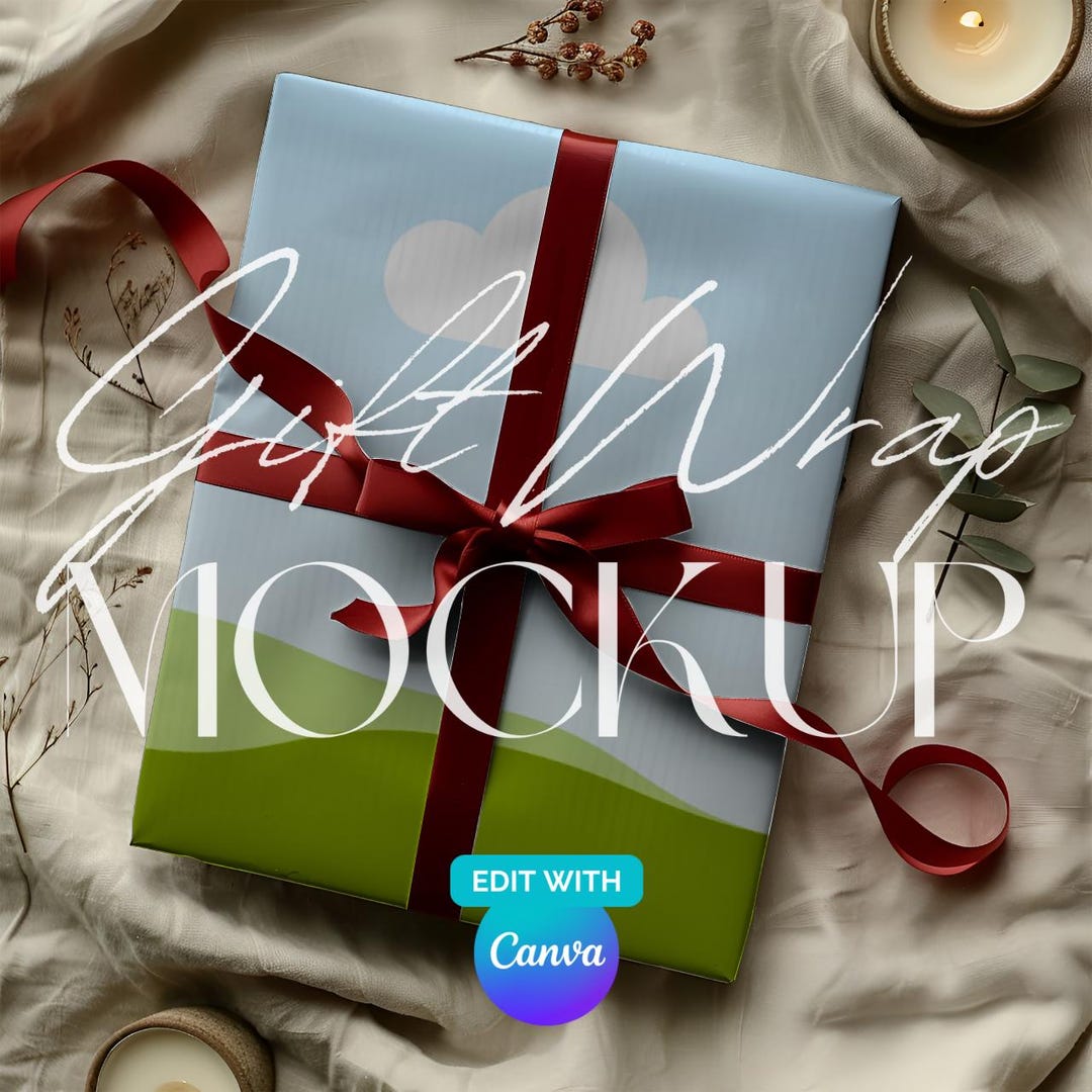 Red Gift Wrap Mockup Canva Template | Wrapping Paper Mockup | Gift Box ...