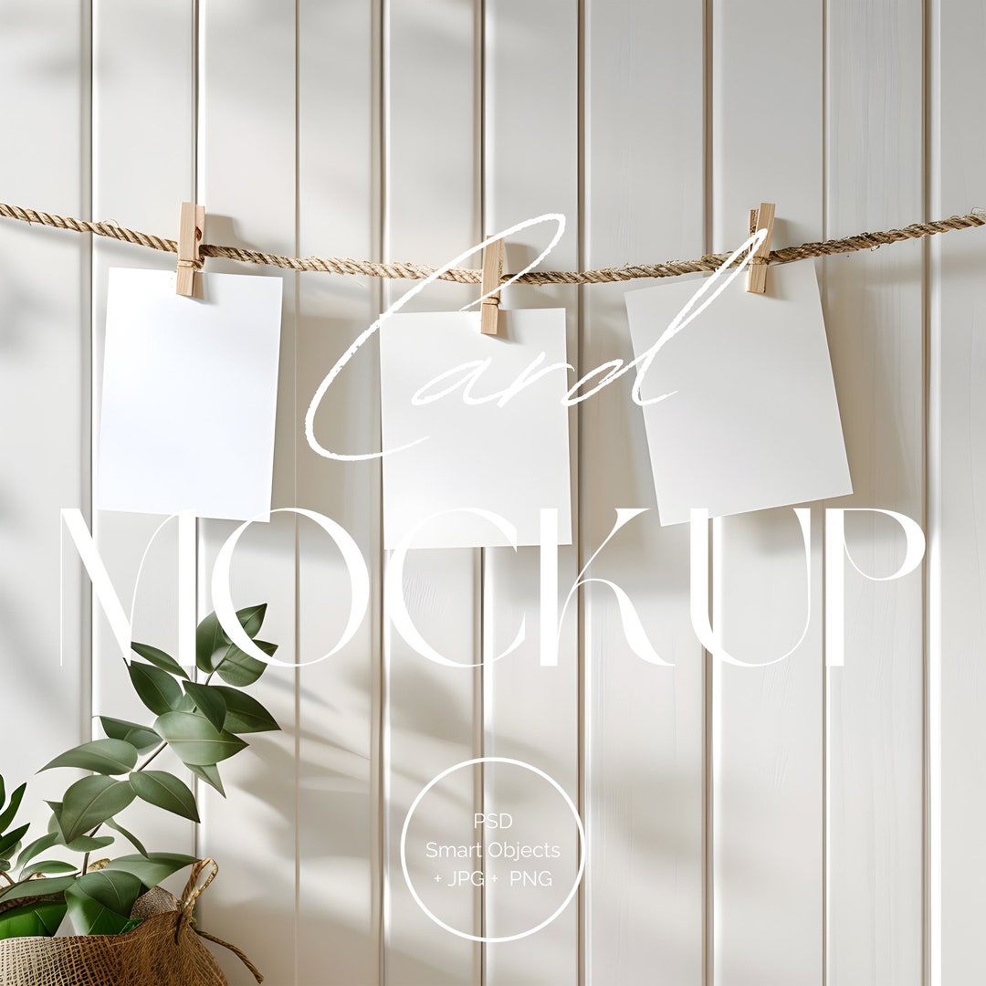 White Hanging Cards Mockup | Cards on Pegs Mockup | Flash Card Mockup ...
