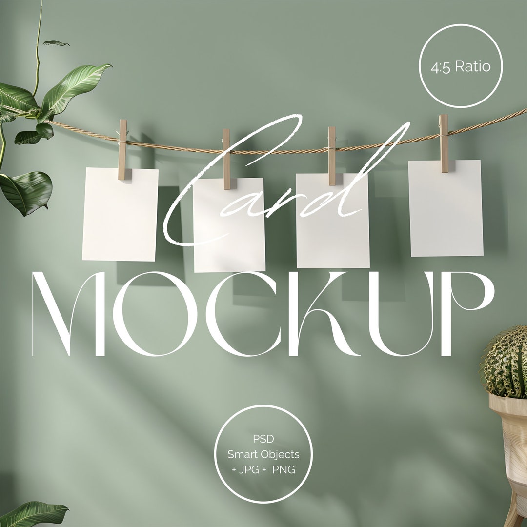 Sage Green Hanging Cards on Pegs Mockup Cards on Clothes Pegs Hanging ...
